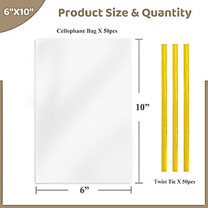 WIKDAY Cellophane Bags 100 PCS 6x10 Inches Clear Gift Gags with Ties Plastic Treat Party Favor Candy Bags for Gift Giving, Packaging Snack, Products