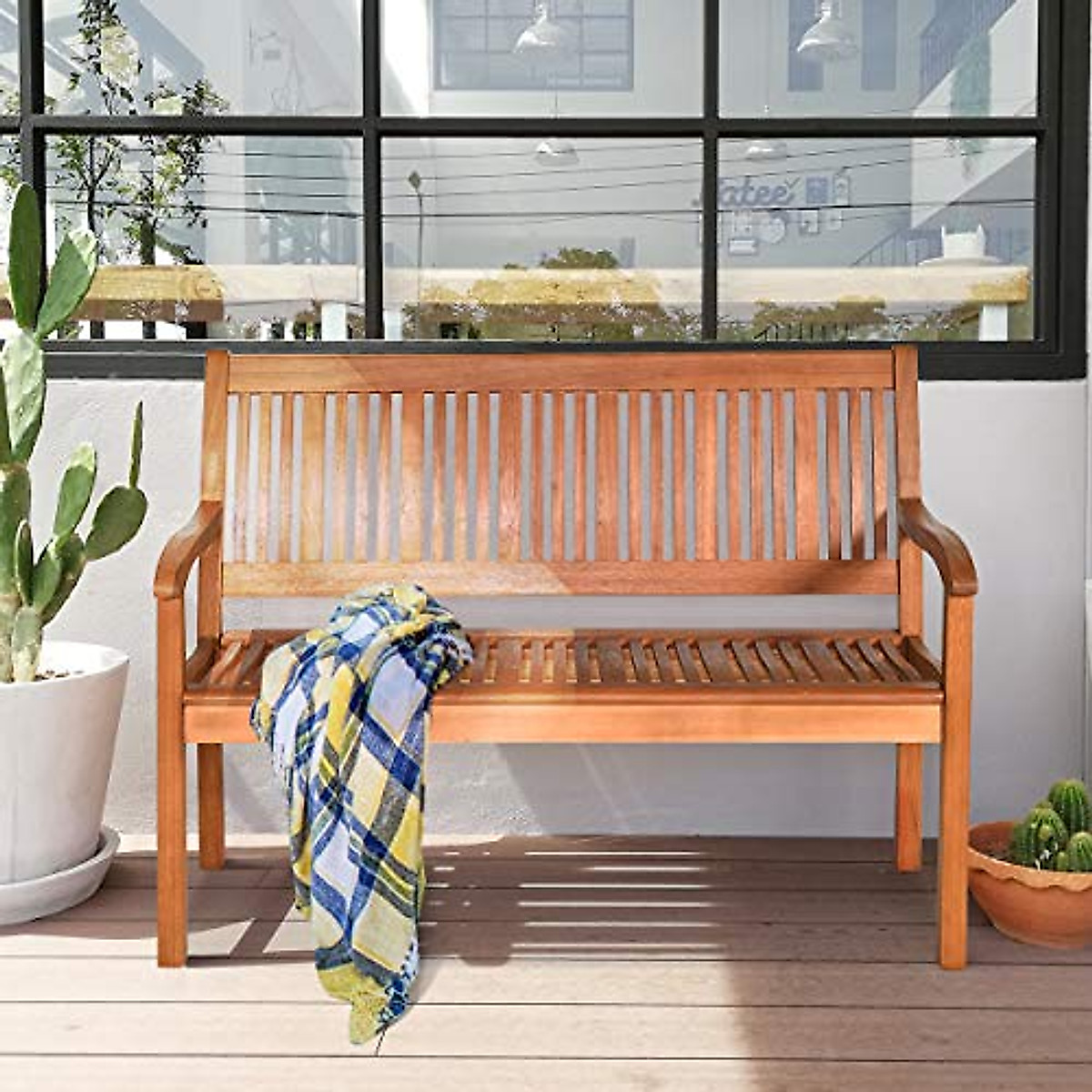 Tangkula Outdoor Wood Bench, Two Person Solid Wood Garden Bench w/Curved Backrest and Wide Armrest, Large Bench for Patio Porch Poolside Balcony, 50" L x 25" W x 36" H (Natural)