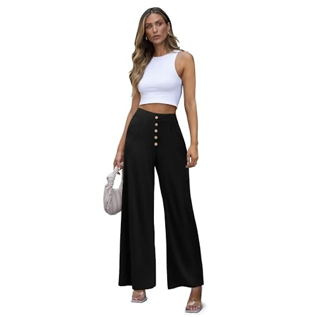 JZC Women's Flowy Pants Casual Palazzo Pants Print High Waist Button Wide Leg Palazzo Lounge Pants Black 3XL