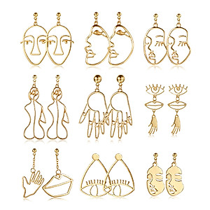 YADOCA 9 Pairs Face Hand Earrings for Women Hollow Statement Geometric Fun Abstract Art Earrings