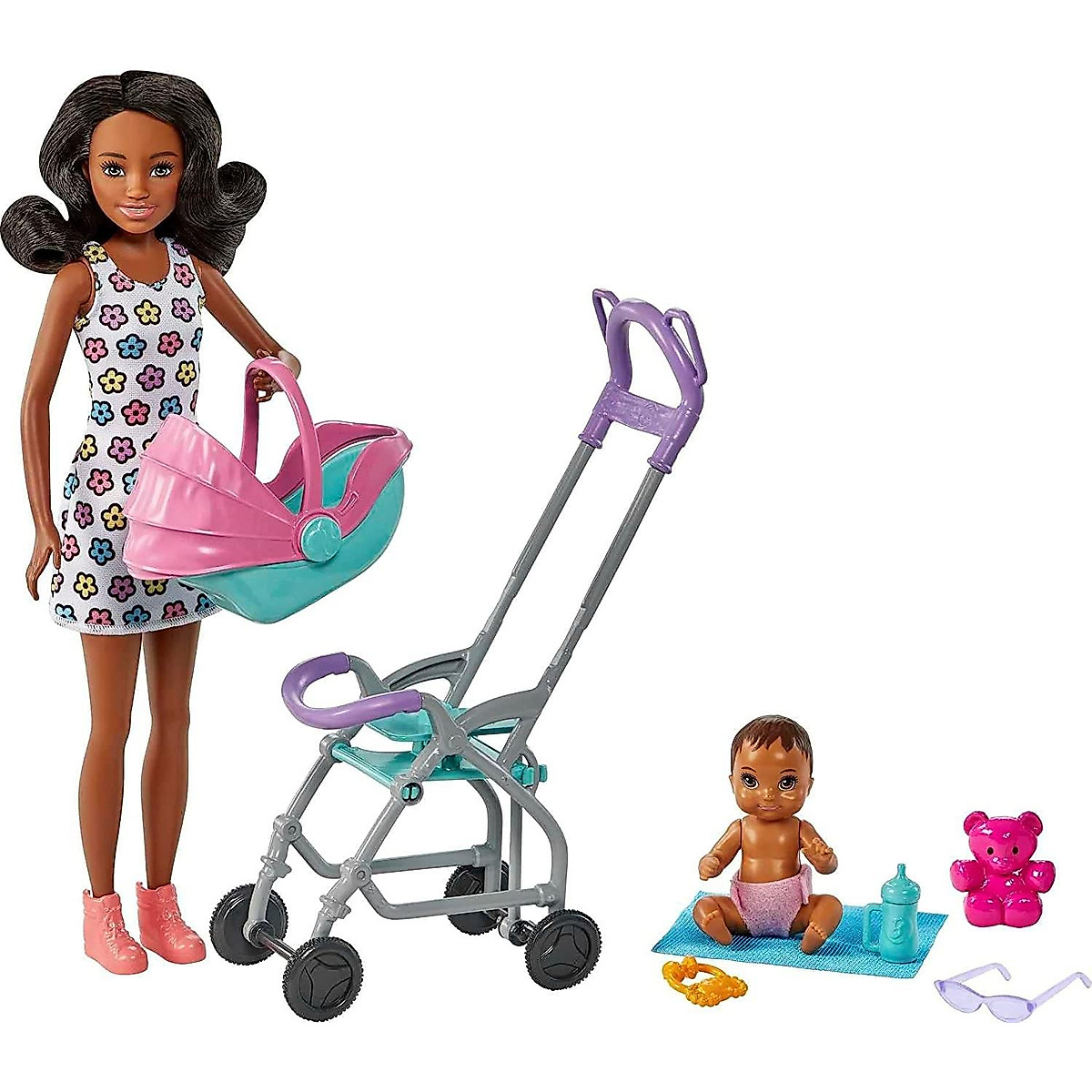 Barbie Skipper Babysitters Inc Playset with Brunette Doll, Stroller, Baby Doll & 5 Accessories, Remove Stroller Seat for Carrier