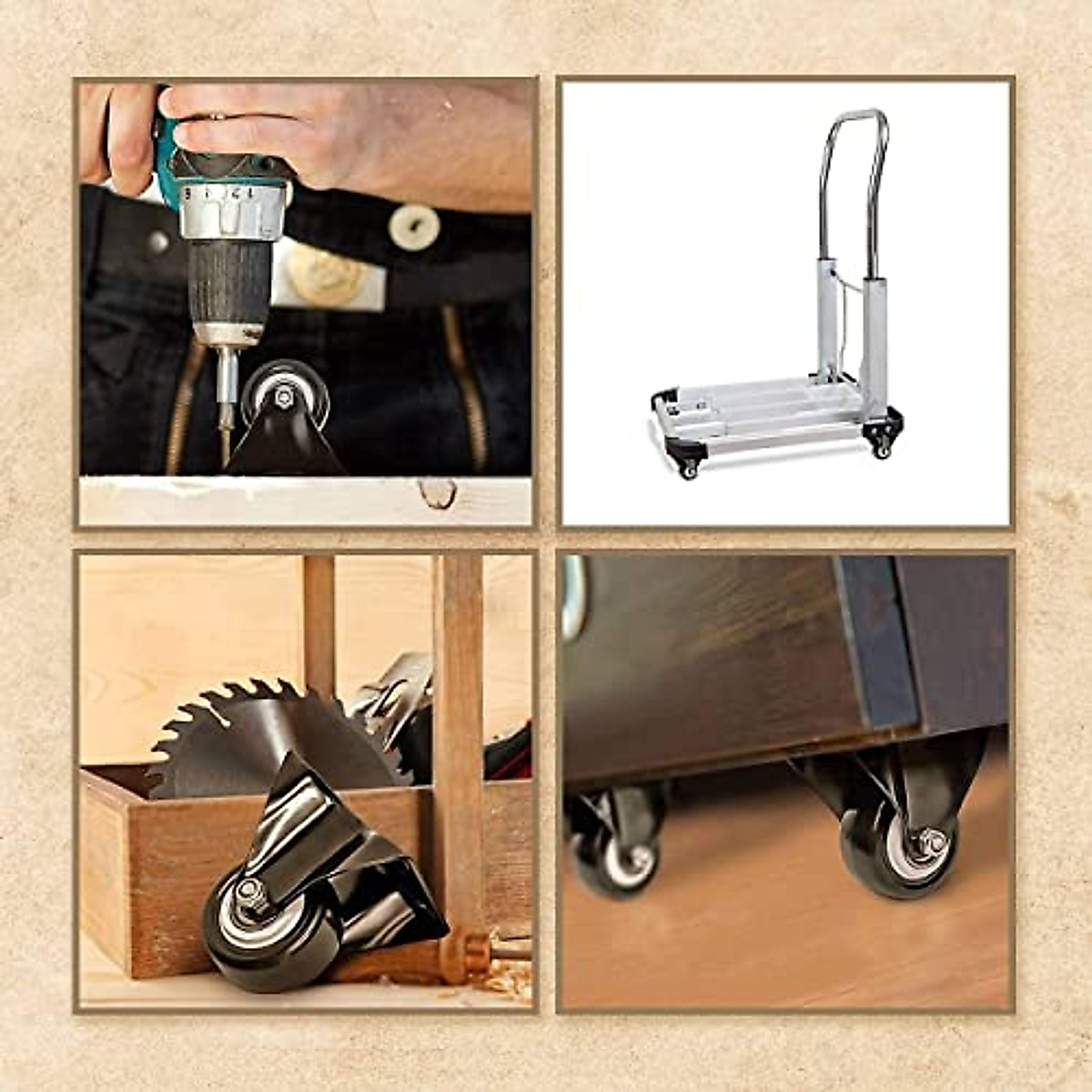 FactorDuty 4 Pack Combo 2 inch Caster Wheels 2 Rigid Non Swivel Fixed Stationery & 2 with Brake Swivel Plate All Black Polyurethane Wheels Non Marking No Noise 150LB Per Wheel