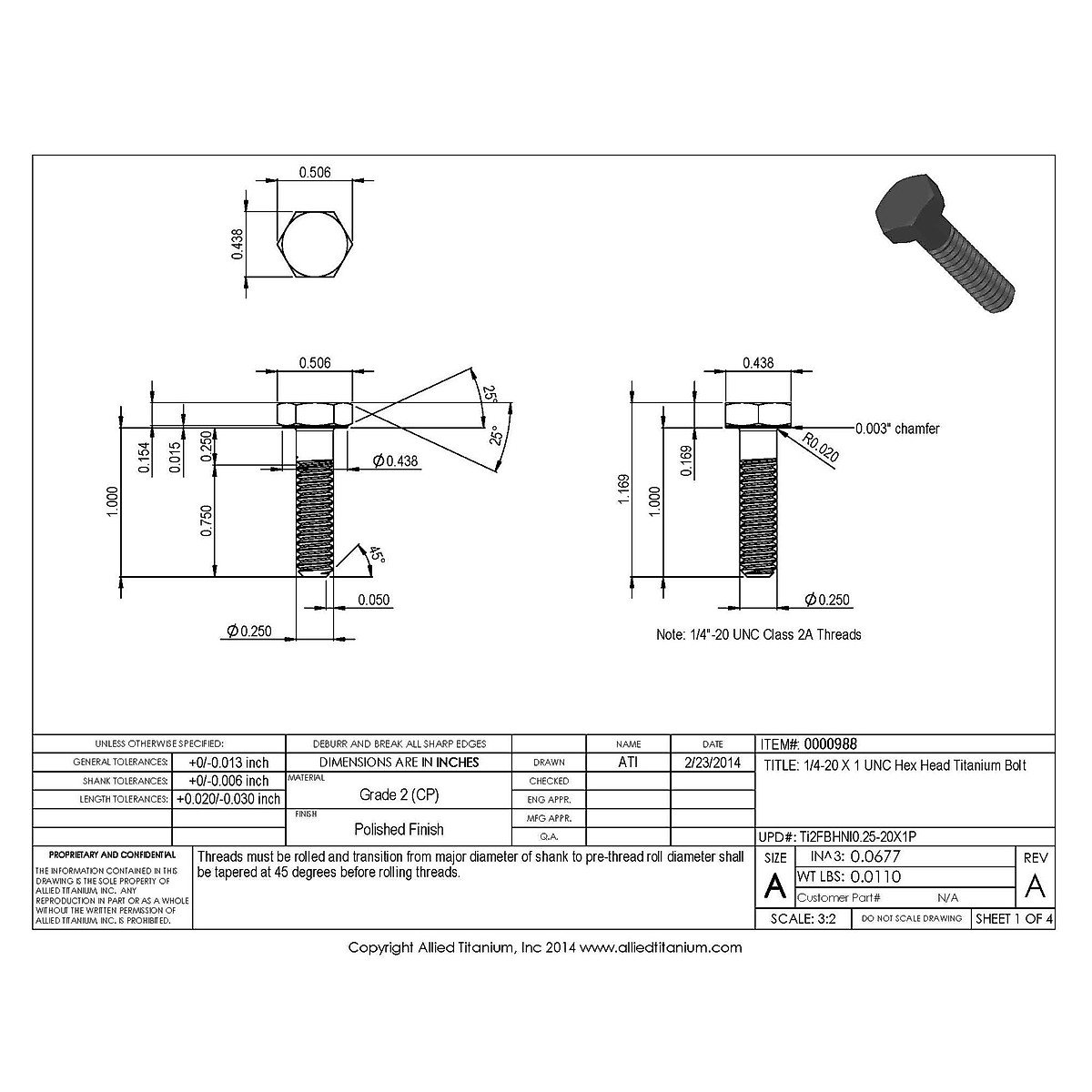 Allied Titanium 0000988, (Pack of 12) 1/4-20 X 1 UNC Titanium Hex Head Bolt, Grade 2 (CP)
