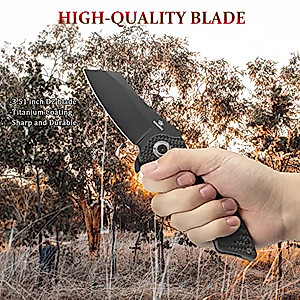 SENNILOX Pocket Folding Knife,3.51” D2 Blade,Full Carbon Fiber Handle,Titanium Coating,Unique Tool Gift for EDC Men Women