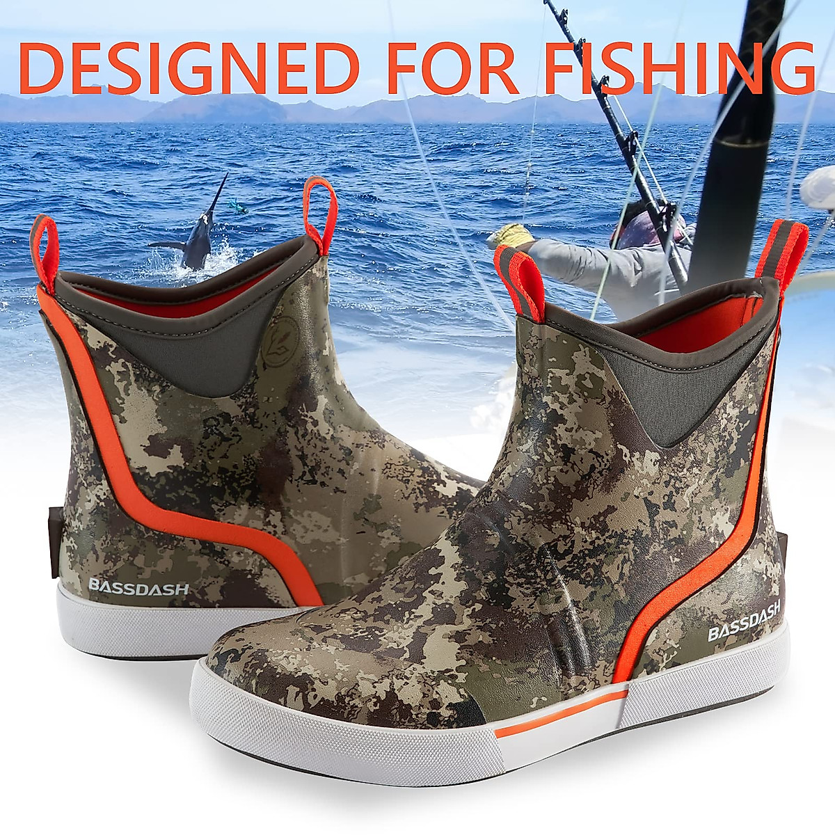 BASSDASH Men’s 6" Waterproof Deck Boots with Breathable Lining Anti-slip Neoprene Rubber Ankle Rain Boots for Fishing Boating