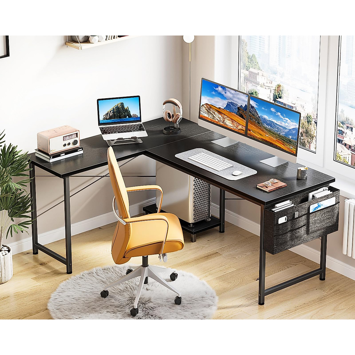 Casaottima 50 inch L Shaped Desk, Computer Desk with Removable PC Stand, Reversible Home Office Desk with Storage Bag for Gaming Writing, Corner Desk for Bedroom, Small Space, Black