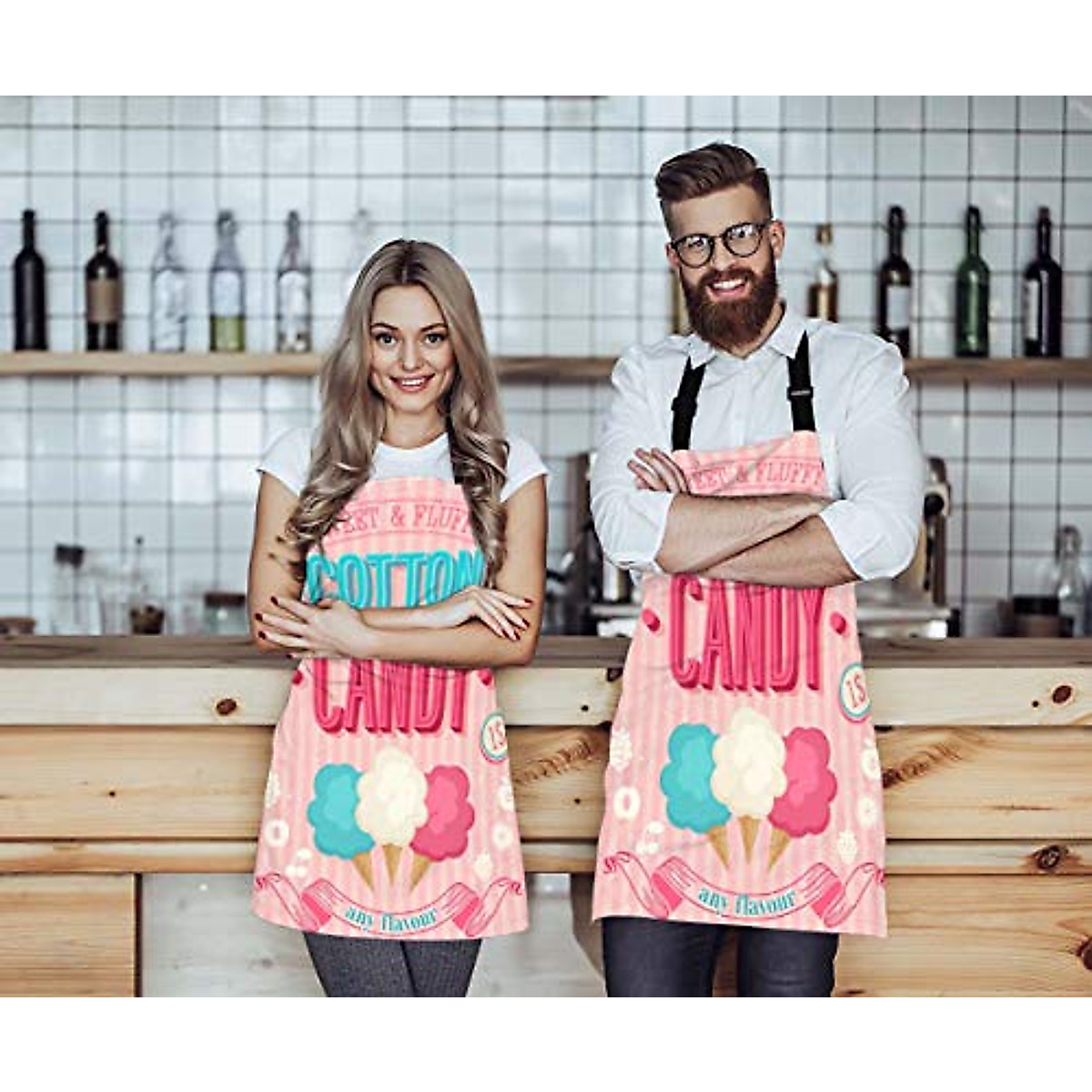 WONDERTIFY Cartoon Candy Apron,Sweet and Fluffy Colorful Candy Pink Background Bib Apron with Adjustable Neck for Men Women,Suitable for Home Kitchen Cooking Waitress Chef Grill Bistro Baking Apron