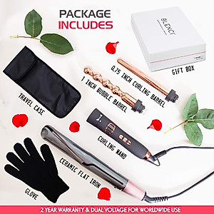 Blenci Interchangeable Curling Wand Set - Professional Curling Iron and Hair Straightener Gift Set Bundle Includes Multi Attachment Styling Wand, Flat Iron, Glove & Travel Case, Gift Idea for Women
