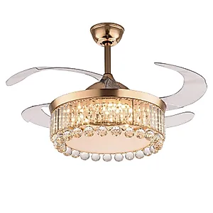TFCFL 42" Gold Crystal Ceiling Fan Lights with Remote Control,Ceiling Fan Chandelier LED Three-Color Lights 3 Speeds Fan Retractable Blade for Living Room, Kitchen, Restaurant (Gold)
