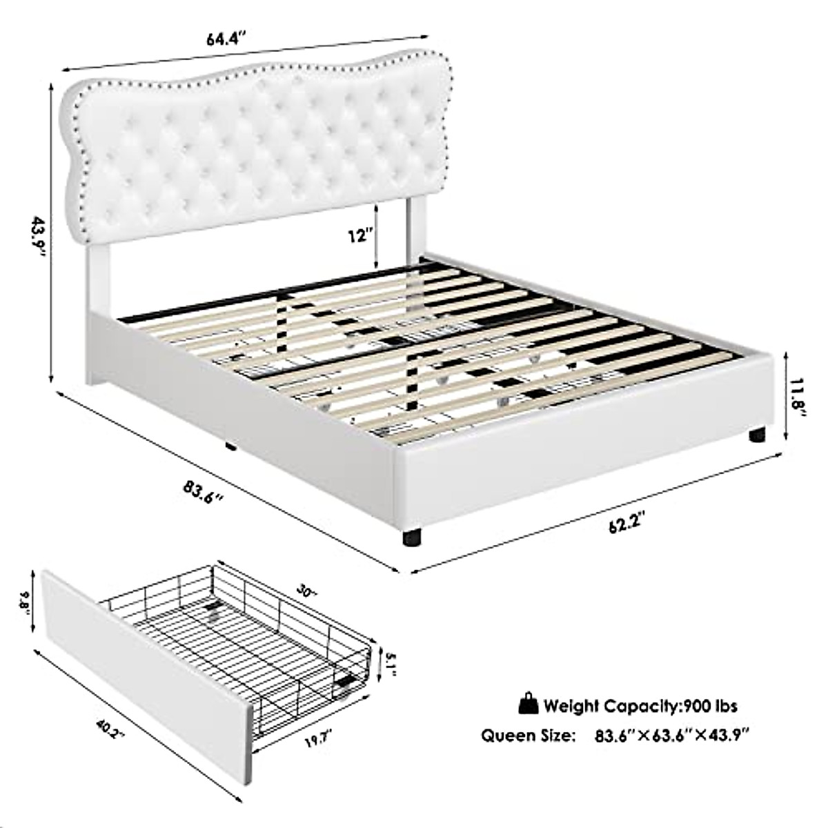 HOSTACK Bed Frame with 4 Storage Drawers, Upholstered Platform Bed Frame with Button Tufted Headboard, Heavy Duty Mattress Foundation with Wooden Slats, No Box Spring Needed (White, Queen)
