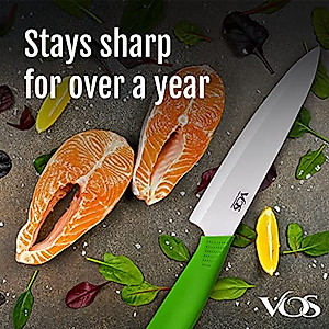 Vos Ceramic Chef Knife 8 Inch with Cover and a Gift Box - Sharp Zirconia Blade Edge for Cutting, Paring, Slicing, Dicing, Chopping - Ideal for Vegetable and Fruit (Green)