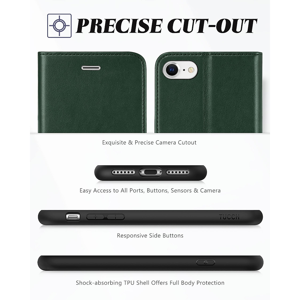 TUCCH Wallet Case for iPhone SE 2022/SE 2020/iPhone 8/7, PU Leather Folio Case with Stand Card Slot Magnetic Closure Flip Cover [TPU Interior Case] Compatible with iPhone SE 3/SE2/8/7, Midnight Green