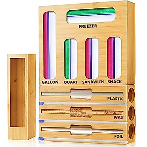 Ziplock Bag Organizer with Foil and Saran Wrap Dispenser With Cutter For Kitchen Drawer - 9 in 1 Bamboo Food Storage Organizer Perfect For Plastic Ziploc Gallon, Sandwich Baggies & 12” Rolls mHomeAid