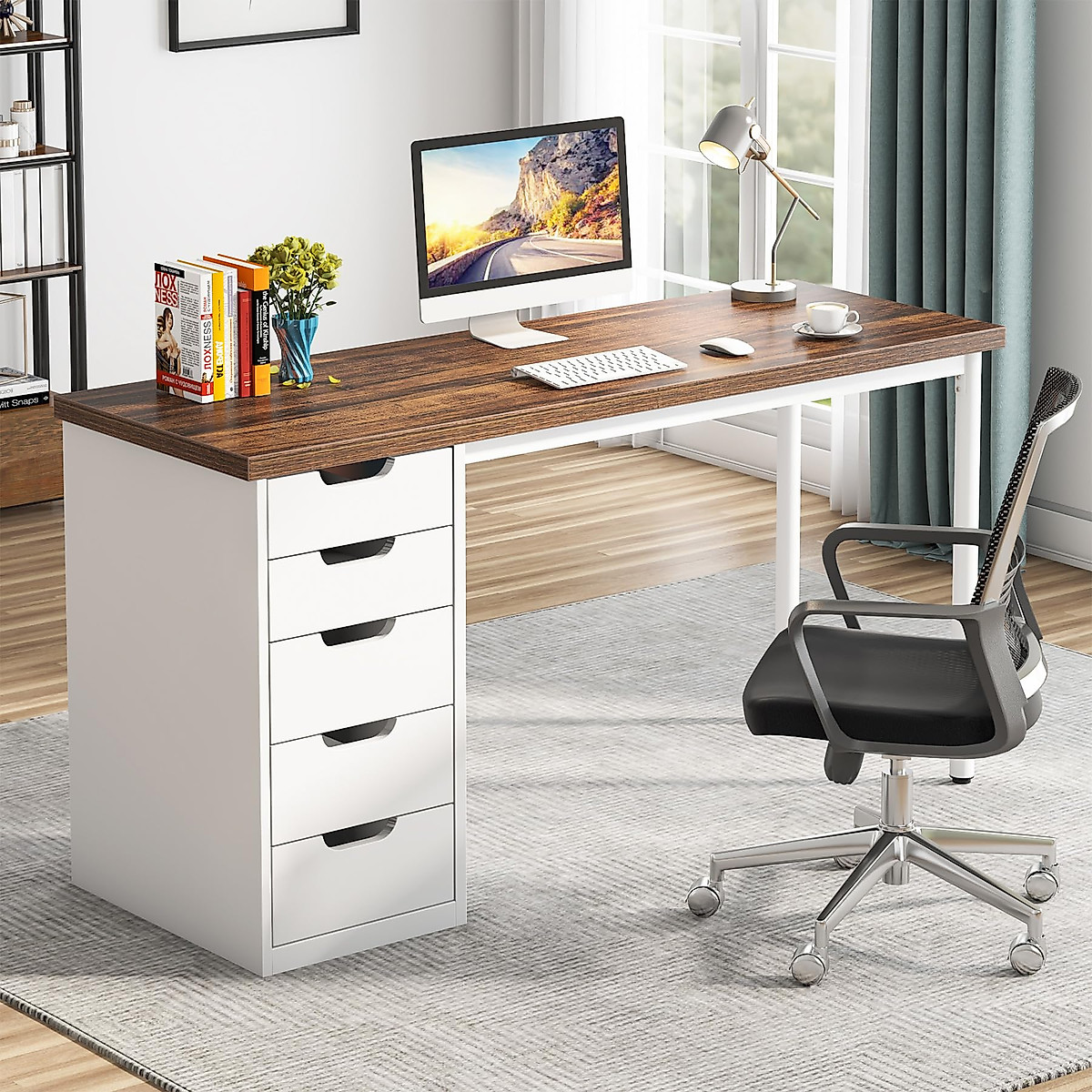 Tribesigns Computer Desk with 5 Drawers, 47 inches Rustic Brown Home Office Desk with Storage, Modern Simple Laptop Desk Study Writing Table for Small Spaces (Reversible Drawer Cabinet)
