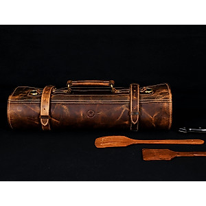 Aaron Leather Goods Vendimia Estilo Leather Knife Roll Storage Bag, Elastic and Expandable 10 Pockets, Adjustable/Detachable Shoulder Strap, Travel-Friendly Chef Knife Case Roll (Caramel, Leather)