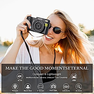 4K Digital Camera for Photography, Autofocus 48MP Vlogging Camera for YouTube with 16X Digital Zoom Macro Camera, 3’’180°Flip Screen Compact Video Camera with Liftable Flash, SD Card&2 Batteries