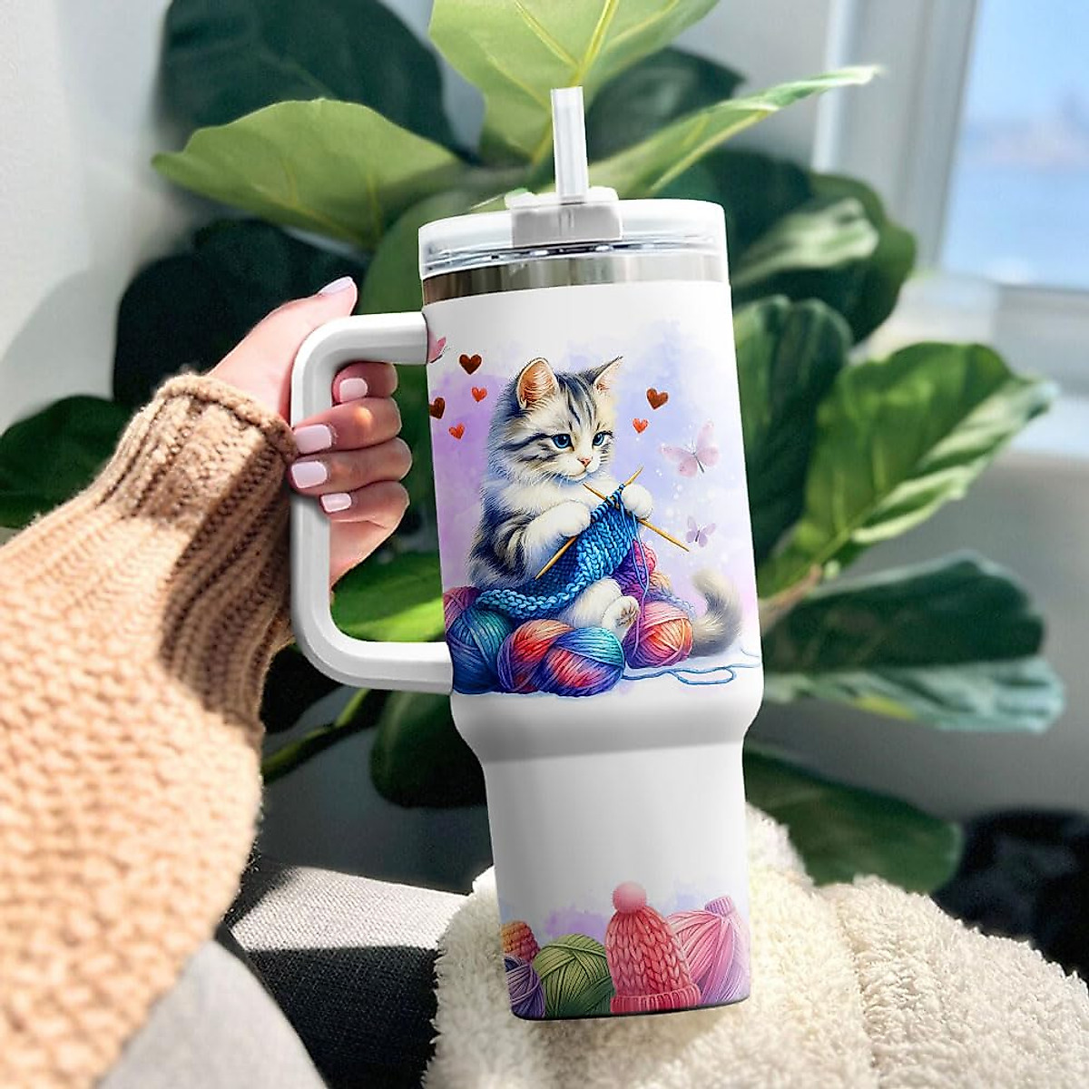 99WHALE Cat Gifts, Tumbler 40 Oz With Handle Lid And Straw, Steel Quartz Handle Women Cup Parade Coffee Tumblers Hot Adults Funny Light Cups Lover Simple Rose, Cats And Sewing