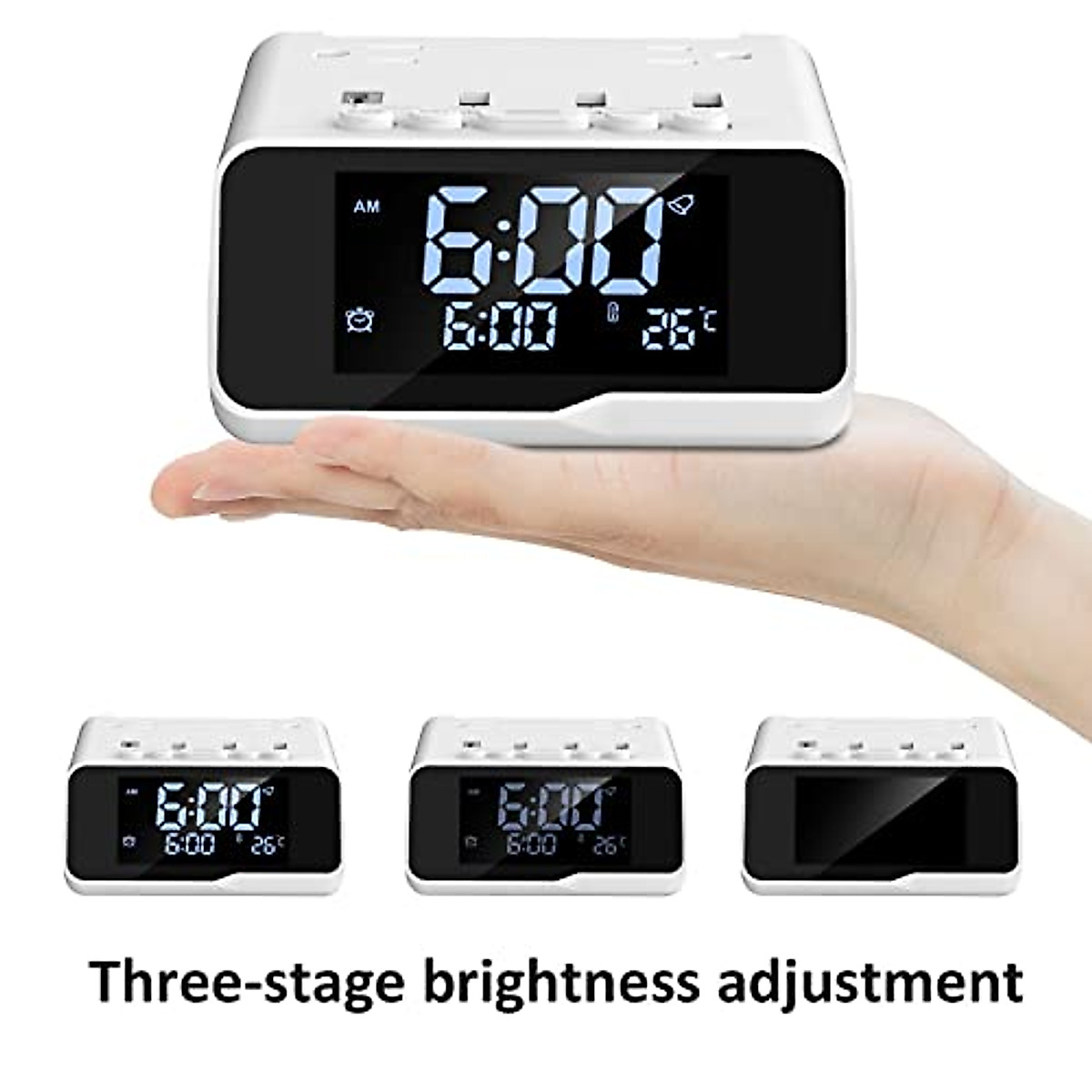 Alarm Clock with USB Ports, BTU Digital Alarm Clock Power Strip Surge Protector with 2 AC Outlets, 4 USB Ports, 6FT Power Cord, Adjustable Brightness and Snooze Function for Bedroom, Hotel