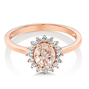 Gem Stone King 10K Rose Gold Peach Morganite and White Created Sapphire Engagement Ring For Women (0.89 Cttw, Oval 7X5MM, Available in size 5, 6, 7, 8, 9)