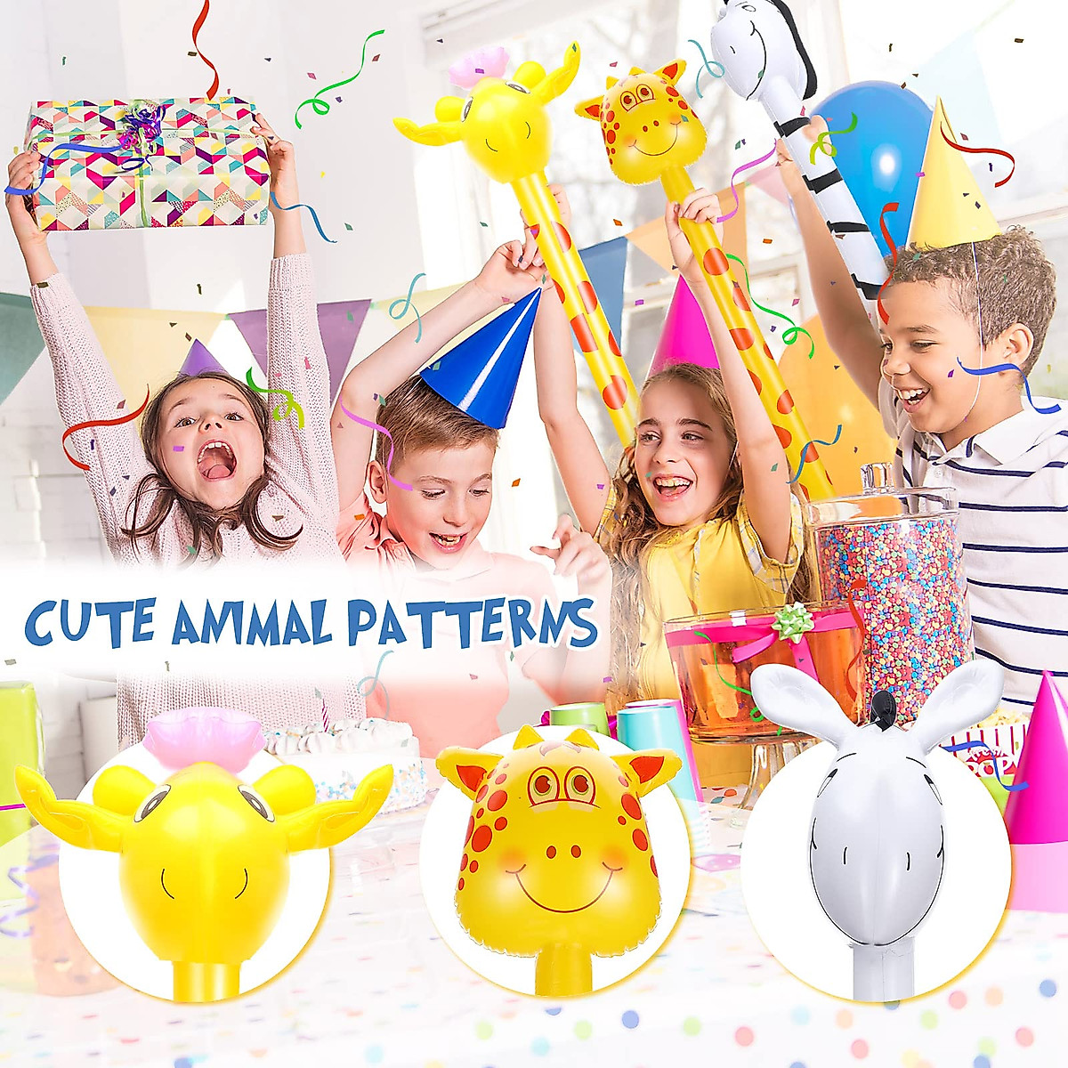 24 Pcs PVC Inflatables Toys Animals Stick with Sound Jungle Safari Animal Balloons Frog Tiger Cow Giraffe Panda Inflatable Hammer Blow up Toys for Animal Theme Birthday Party Favors Decorations
