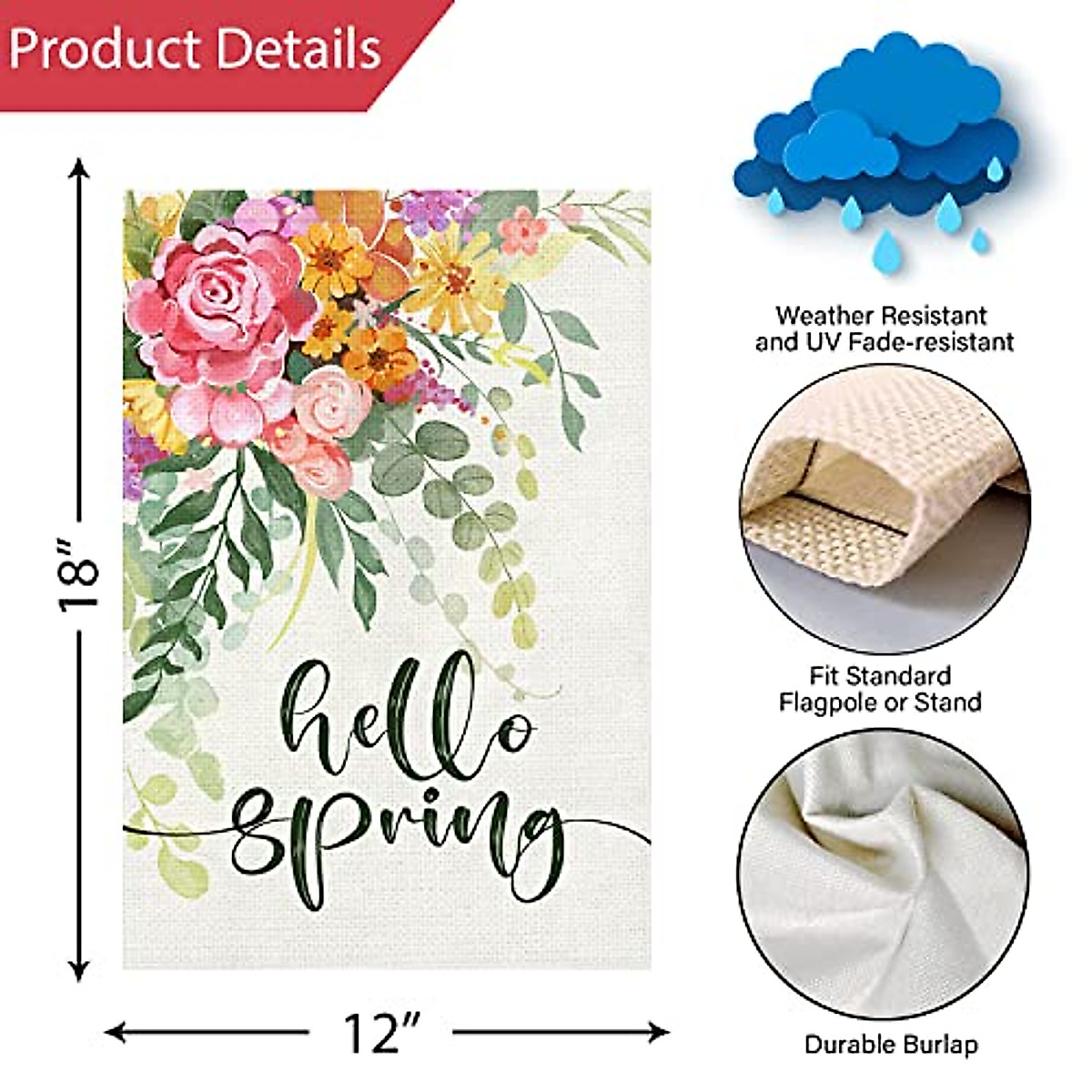 Hello Spring Garden Flag 12x18 Double Sided, Burlap Small Vertical Happy Spring Floral Flower Garden Yard Flags for Seasonal Outside Outdoor House Decoration (Only Flag)