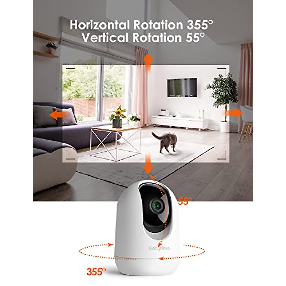 BabyTime Pet Camera, Indoor 2K 360° Wi-Fi Smart Camera with Night Vision, Motion Detection, Two-Way Audio, Compatible with Alex