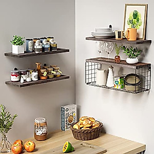 Fuiuo Floating Shelves Bathroom Shelves Over Toilet with Paper Storage Basket Farmhouse Wood Wall Shelves for Wall Decor Bathroom Decor, Living Room, Kitchen (Ebony)