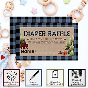 Amanda Creation Oh Boy! Outdoorsy Blue and Black Plaid Lumberjack Diaper Raffle Tickets for Boy Baby Showers, 20 2" X 3” Double Sided Inserts, Bring a Pack of Diapers to Win Favors &