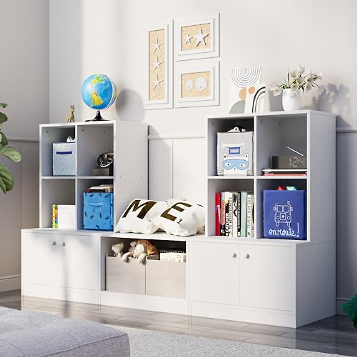 Cozy Castle Combination Book Shelf, 3-Piece Bookcase Set with 8 Cubes and 4 Doors, Large Cube Storage Bookshelf for Living Room, Playroom and Classroom, White