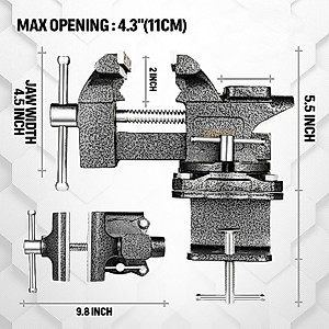 Updated 2-In-1 Bench Vise or Table Vise 4.5 Inch, Clamp Vice for Workbench Constructed with Cast Steel, Heavy Duty Workbench Vise Swivel for Woodworking