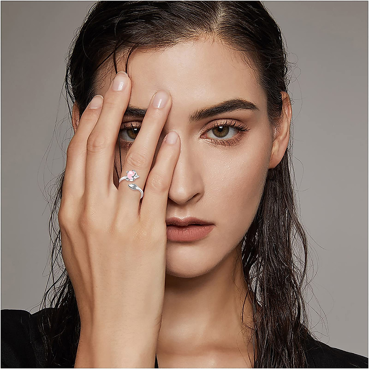 Fashion Inlaid Zircon Ring for Women Cute Fox Statement Ring Opening Ring (Silver, One Size)