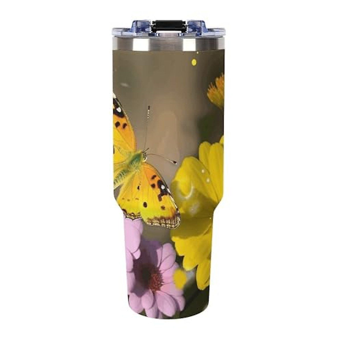 LLUTSNTH 40 Oz Vacuum Tumbler with White Handle Leakproof Insulated Tumbler Yellow Butterfly And Flower Stainless Steel Travel Mug with Lid And Straw Coffee Cup Cute Water Bottles Cup Holder Friendly