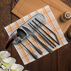 Travel Silverware Set with Case,Travel Flatware Set Includes Chopsticks Reusable,Fork, Knife and Straws, Black Utensils Set, Reusable Silverware for Lunch