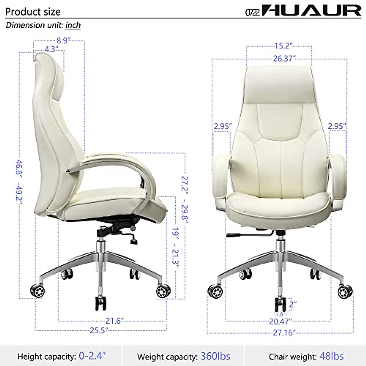 HUAUR High-Back Ergonomic Executive Chair-PU Leather Desk Chair,with Breathable Cushion and Lumbar Support,Wide Armrest and Aluminum Alloy Foot,360lb Capacity Swivel Home Office Chair (Beige)