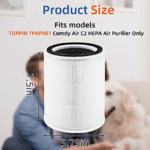 TPAP001 Filter Replacement for TOPPIN TPAP001 HEPA Air Purifier Comfy Air C2,3-in-1 H13 True HEPA Filter,Part # TPFF001,2 Pack