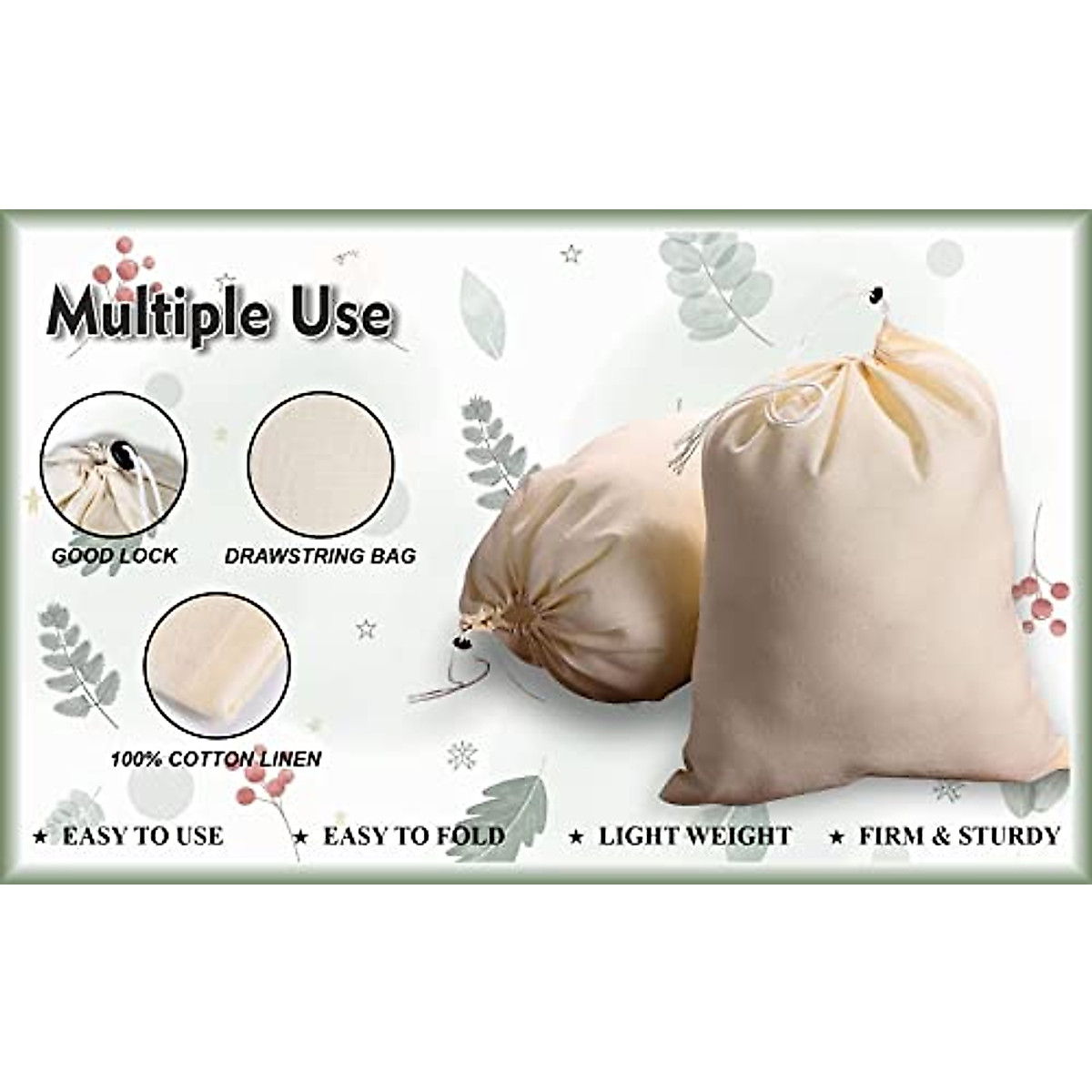 Linen Clubs GFI 100% Cotton 8- by 10-Inch Muslin Bags with Lock and cotton Drawstring, 12-Pack