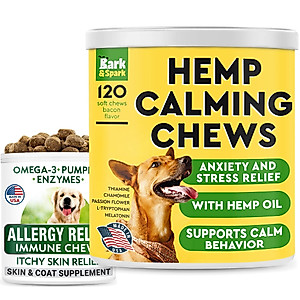 Calming Hemp Treats + Allergy Relief Treats Bundle - Hemp Oil + Omega 3 + Pumpkin + Enzymes - Anxiety Relief + Itchy Skin Relief - Separation Aid + Stress Relief + Seasonal Allergies - 240 Soft Chews