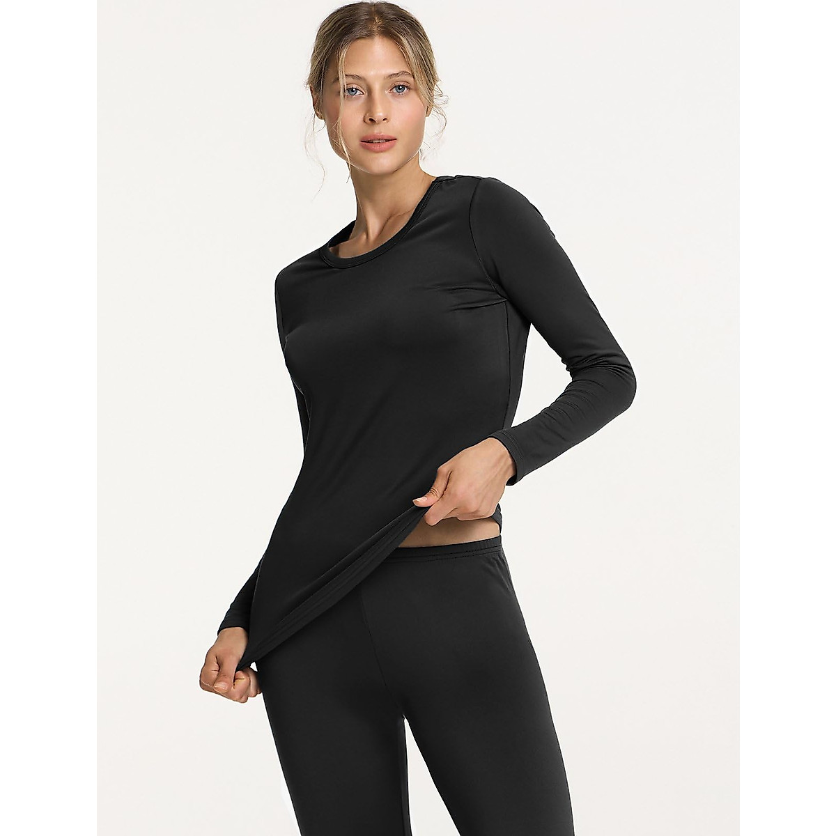 TSLA Women's Thermal Underwear Set, Soft Fleece Lined Long Johns, Winter Warm Base Layer Top & Bottom, Fleece Set Black, Small