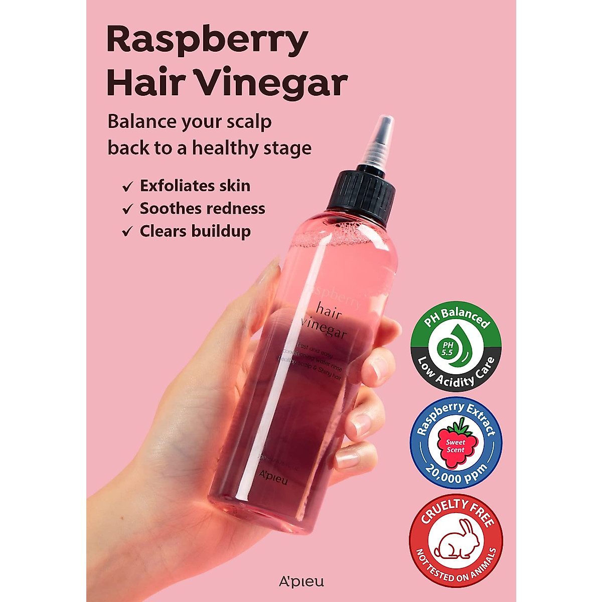 A’PIEU Raspberry Hair Vinegar Rinse 6.76 Fl oz - Scalp Treatment for Balanced pH, Shiny Hair | Korean Hair Care I Clarifies & Encourages Growth | Dandruff & Oil Control