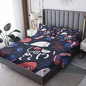 Halloween Sheets Full Size, Ghost Spider Web Cat Bed Sheets, Patterned Bedding Sheets & Pillowcases 4 Piece Set - Soft Microfiber Deep Pocket Fitted Sheet & Flat Sheet & 2 Pillow Cases M9-&-83