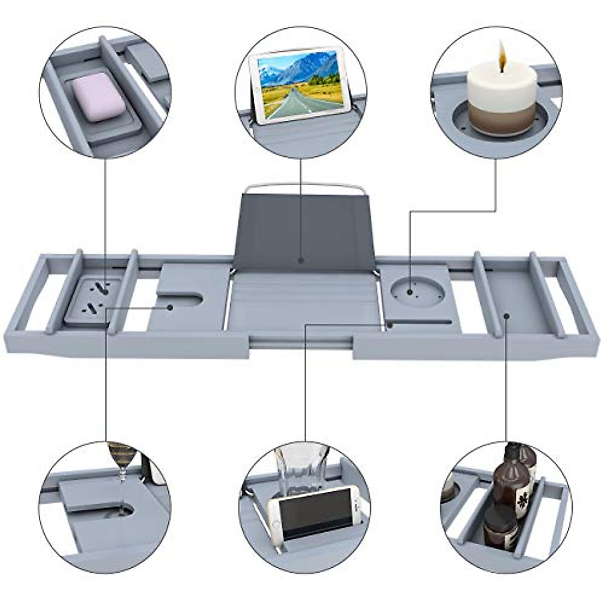 Domax Bathtub Caddy Tray Expandable Bamboo Tub Tray for Luxury Bath with Book Holder and Free Soap Dish (Gray, 29.4"-44.2"x 9.1"x1.65")