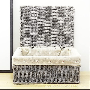 Straw Desktop Storage Basket Desktop Is Not Messy Used For Storage Of Daily Necessities Bedroom Kitchen Storage Box Cloth Art Dustproof Three-Piece Set (Beige)