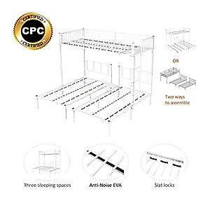 UFINEGO Twin Over Twin & Twin Bunk Bed, Triple Bunk Bed Metal Bunk Bed Frame with Guardrails, Converted into Three Single Twin Bed, No Box Spring Needed