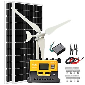 300W Solar Panel Wind Turbine Generator Kit: 100W 12V Wind Turbine + 100W Monocrystalline Solar Panel + Charge Controller + Z Brackets Mount + Cable Connections for Home Cabin Shed Boat RV