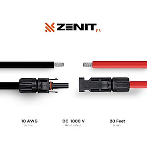 ZenitPV - 20 Ft 10AWG - Solar Extension Cable with connectors pre-Installed at one end + Two Extra Free Pairs of Connector - (20 Feet)