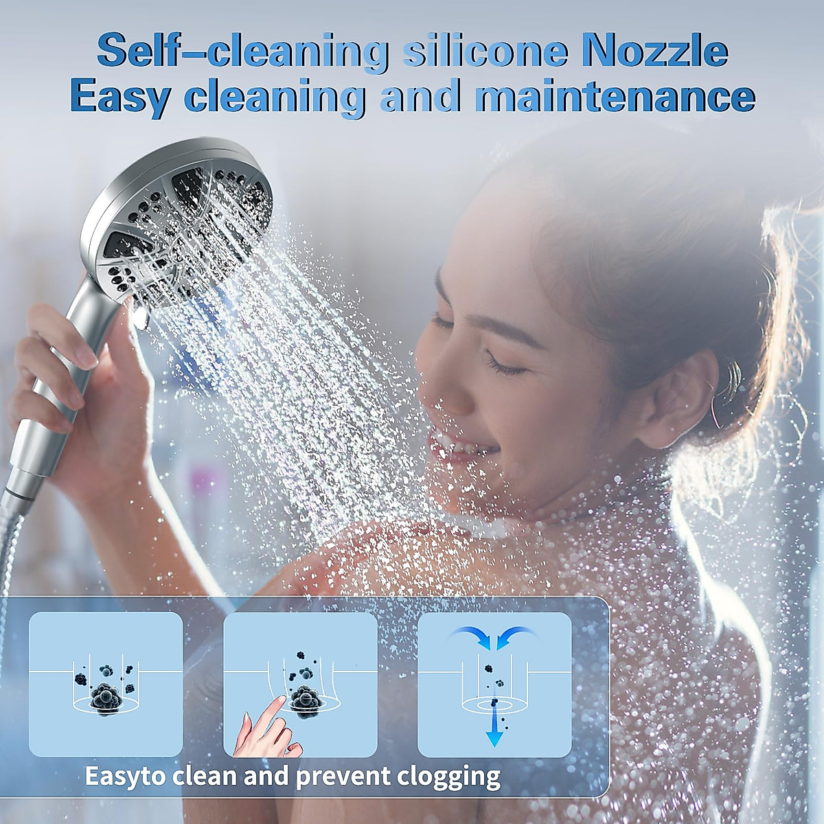 Shower Head, High Water Pressure Handheld Showerhead With 5 ft Stainless Steel Hose and Adjustable Bracket Combo, 8 Mode Hand Heads Can Power Wash to Dathroom, Tub, Corner, Tile