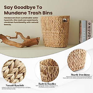TIDITA 3.2 Gallons Wicker Waste Basket - Trash Basket with Handles - Wastebaskets for Bedroom, Bathroom, Kitchen, Living Room, Office - Handwoven Trash Can for Under Sink, Garbage Can (Water Hyacinth)