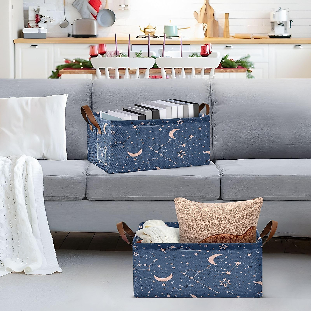 Exnundod Celestial Stars Moon Storage Bins for Shelves Astrological Boho Collapsible Storage Bins with Metal Frames Open Home Stroage Basket with Handles for Organizing Closet Books Toys, 1PC