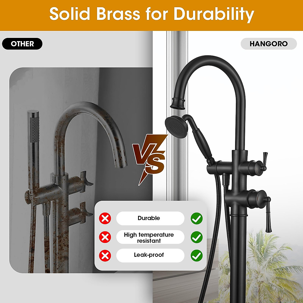 Freestanding Tub Faucet, Floor Mount Tub Faucet Matte Black High Flow Tub Filler, Roman Tub Faucet with Antique Handheld, Swivel Gooseneck Spout Shower Mixer Taps (B2311-BK)