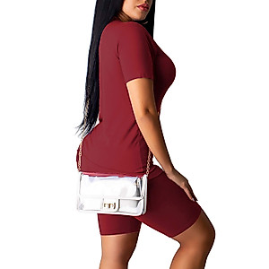 Women's Casual 2 Piece Outfits Solid Short Sleeve T-Shirts Top Bodycon Shorts Set Sports Yoga Suit Tracksuit Jumpsuits (A-Wine Red, S)